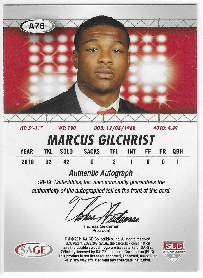 2011 SAGE HIT MARCUS GILCHRIST SILVER AUTO #A76 SAN DIEGO CHARGERS | eBay
