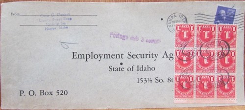 US, BLOCK OF 9x1 CENT POSTAGE DUE STAMPS, J80, ON COVER WITH 3 CENT ...