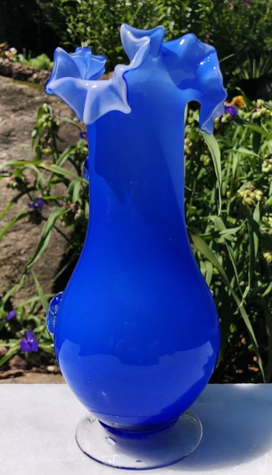 Vintage Murano Art Glass Blue White Multi Color Flower Ruffle Top Vase ...
