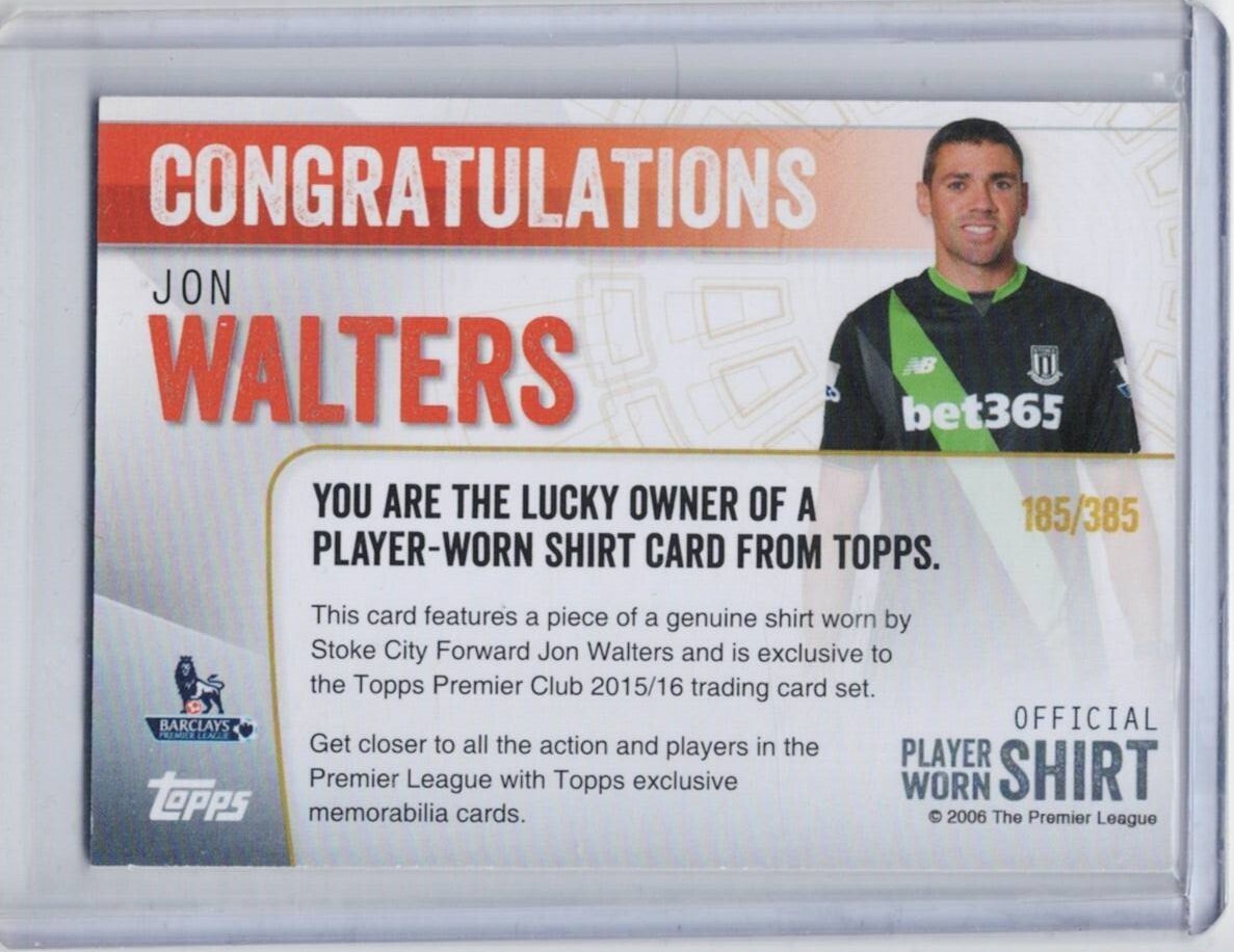 2015-16 Topps Premier Club Player Worn Shirt 185/385 JON WALTERS Stoke ...