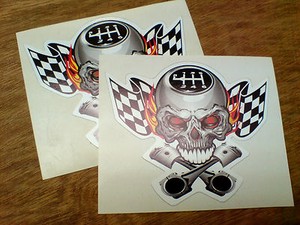 CHEQUERED SKULL & PISTONS Car Motorcycle Hot Rod Stickers 2 off 80mm | eBay
