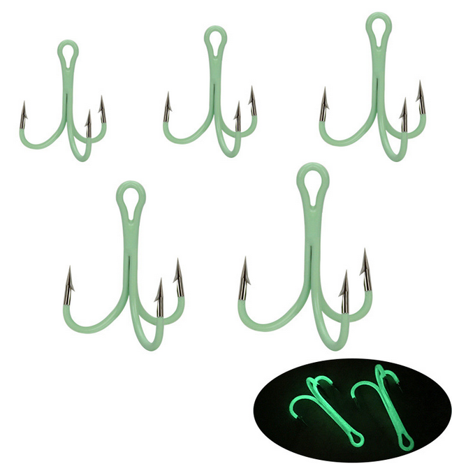 50PC Glow Barbed Fishing Hook Carbon Steel Sharp Treble Hook Triple ...