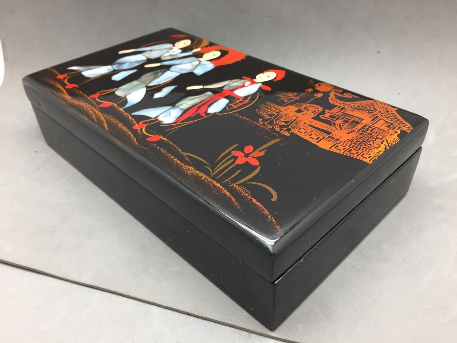 Black Lacquer Japan Jewelry Box 3 Geisha Women Mother-of-Pearl Inlay 8 ...