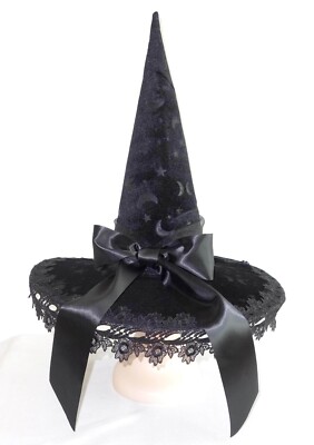 Black Velvet Celestial Moon Stars Lace Witch Hat Womens Halloween ...