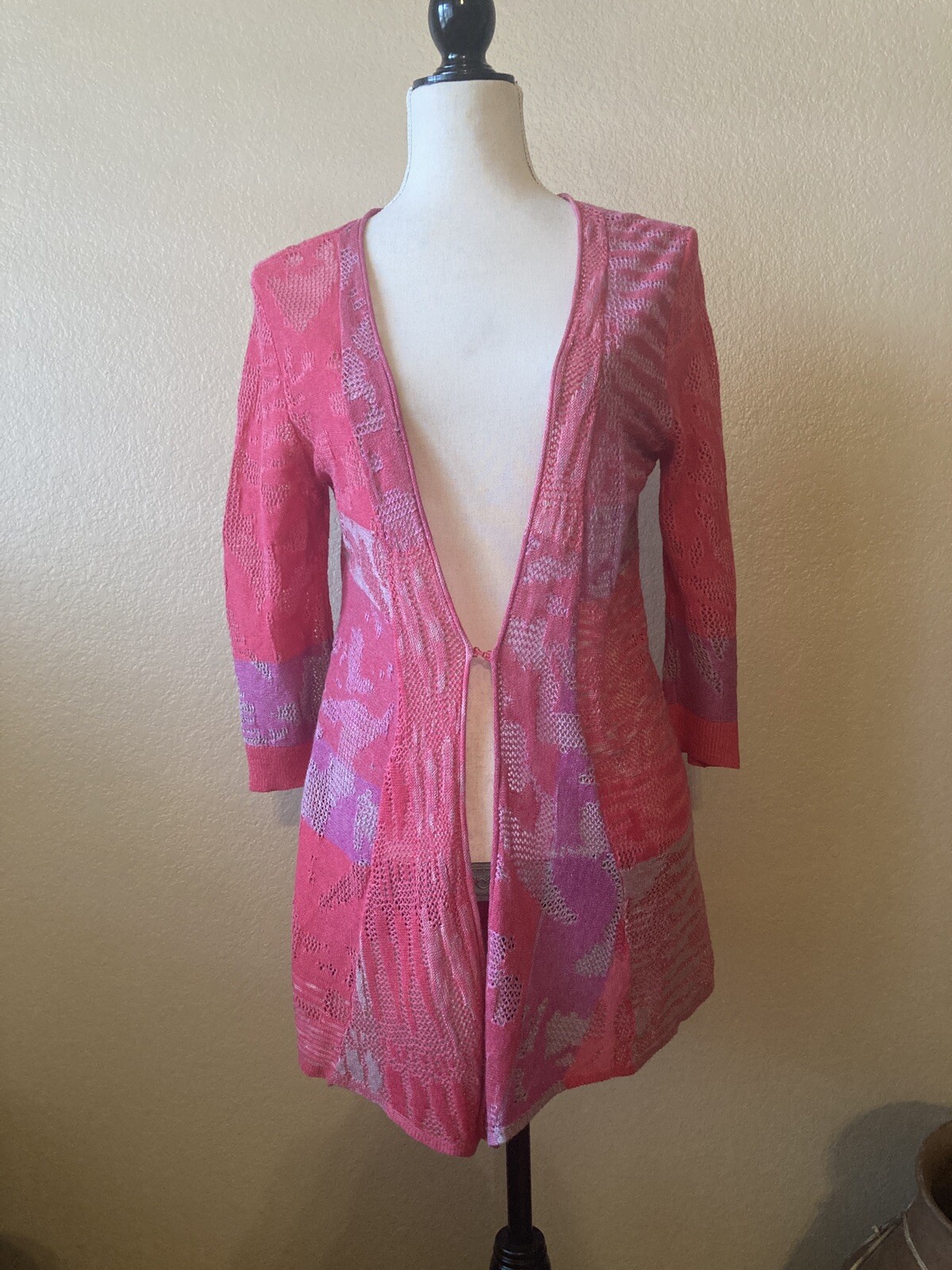 ZOZO Women's Open Weave Multi Pink 3/4 Sleeve Open Cardigan Sweater ...