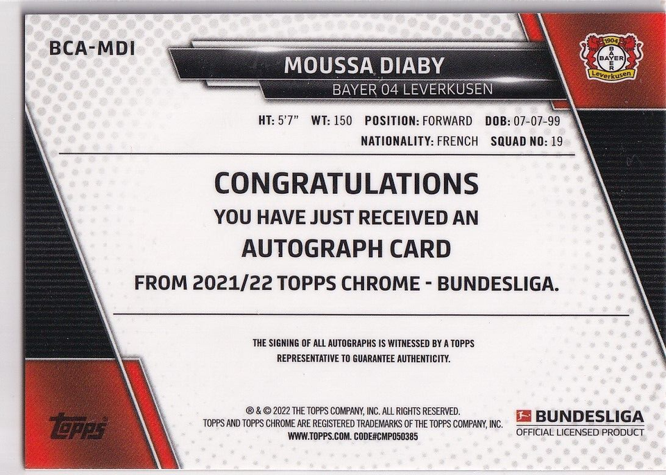 Topps Chrome Bundesliga 2021/22 BCA-MDI Moussa Diaby Gold Raywave Auto ...