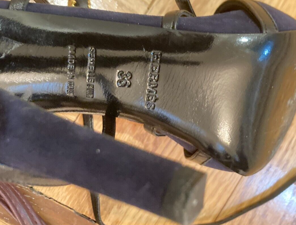 Authentic Hermes Semelle Cuir Woman's Black Suede Strappy Open Toe ...