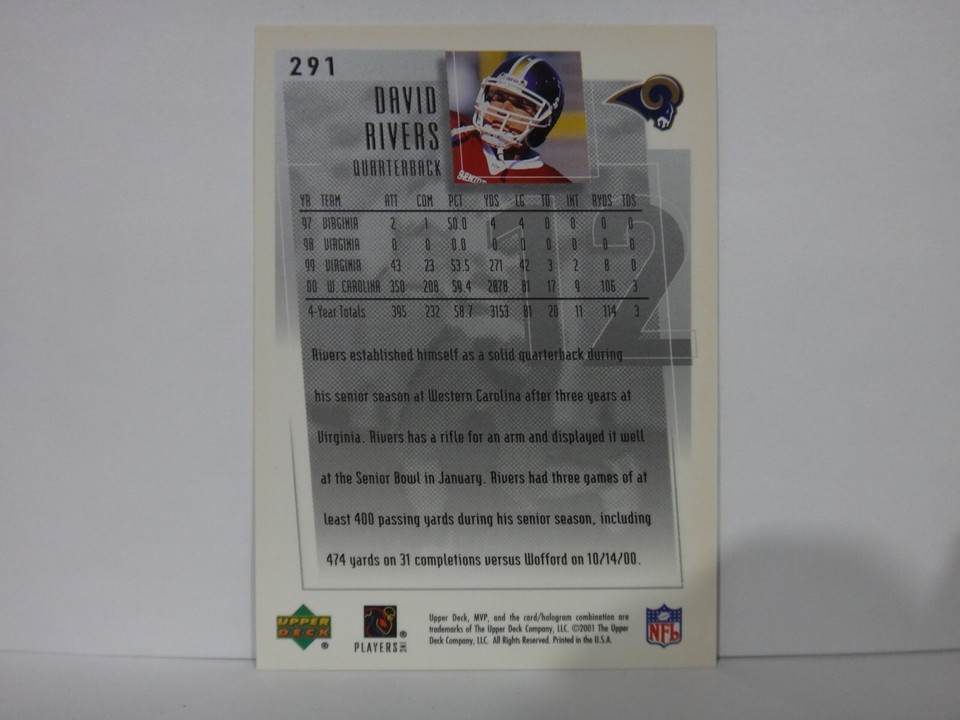 2001 Upper Deck MVP Football Card #291 David Rivers Rookie | eBay