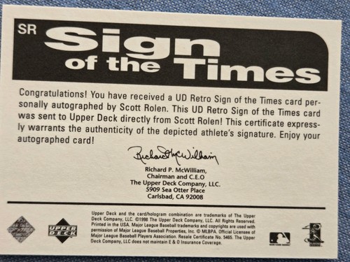 1998 Upper Deck Retro Sign of the Times Scott Rolen Signature Card #SR ...