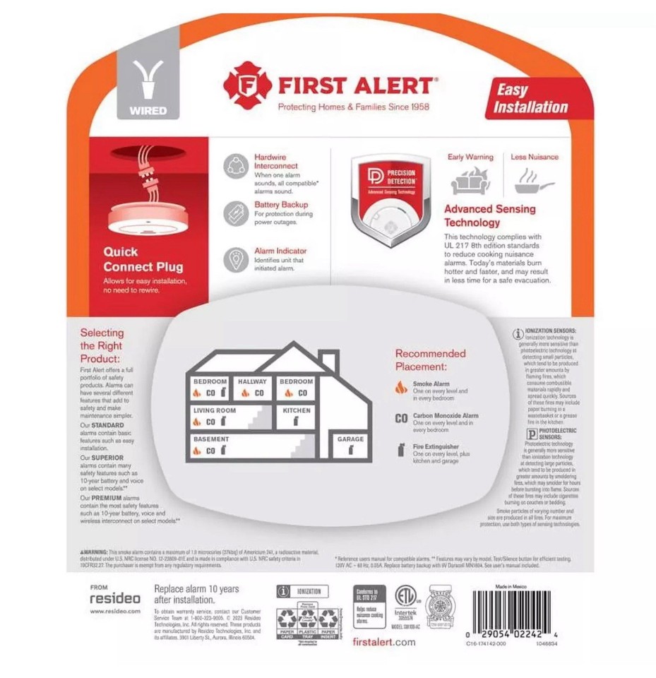 First Alert 9120B/ SMI100-AC Smoke Detector & Alarm, AC Powered Battery ...