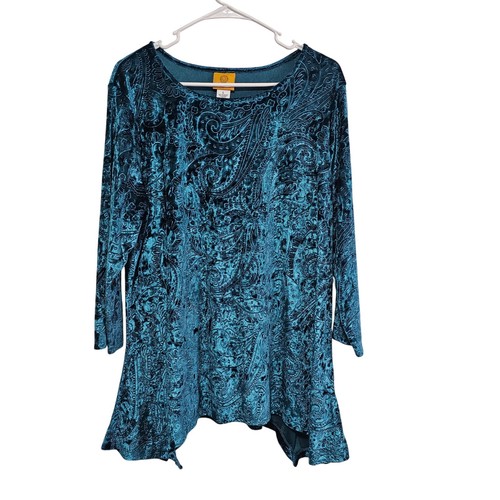 Ruby Rd. Blue/Green Paisley Textured Velvet Long Sleeved Top Women's ...