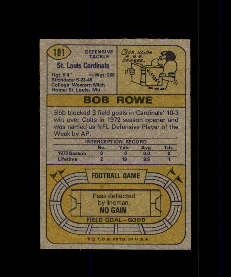 1974 TOPPS FOOTBALL CARD ST. LOUIS CARDINALS #181 BOB ROWE | eBay