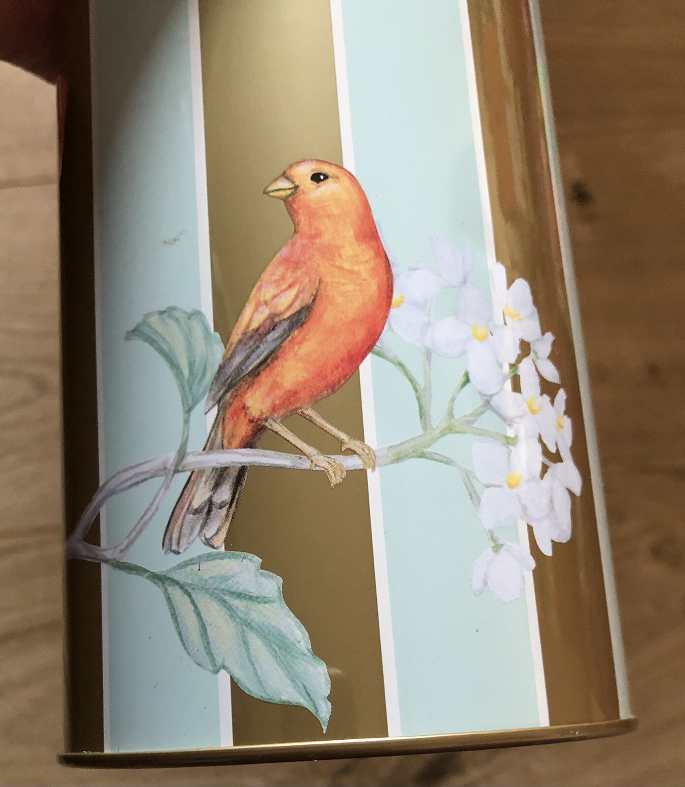 Sanctuary pale blue & gold metal storage Tin with birds & floral design ...