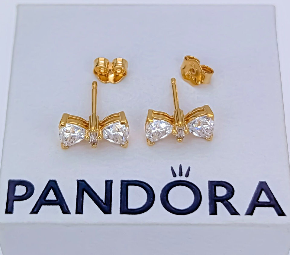 New 100% PANDORA 14K P Sparkling Bow Stud Earrings Necklace Jewelry ...
