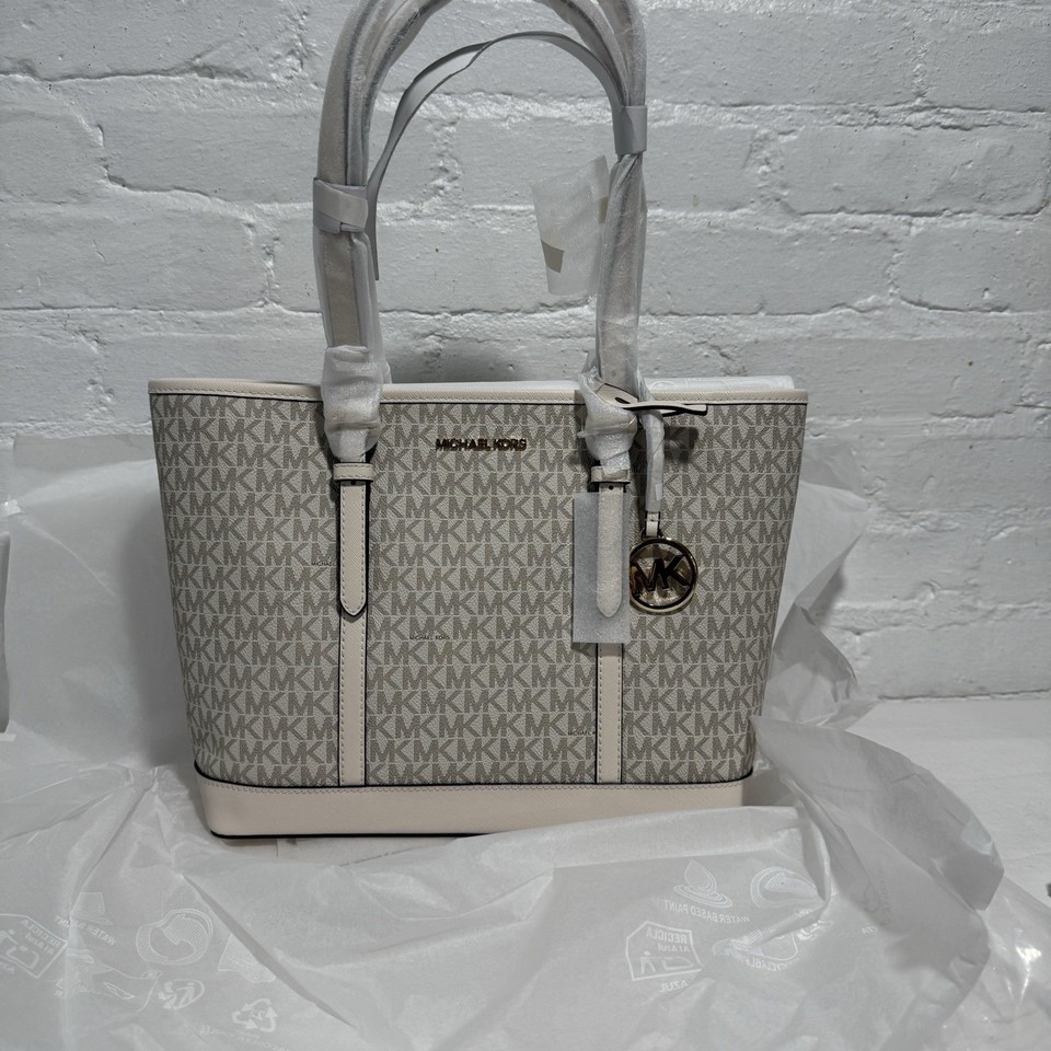 Michael Kors Jet Set Travel EW TZ Tote Vanilla MK Logo PVC Leather Trim ...
