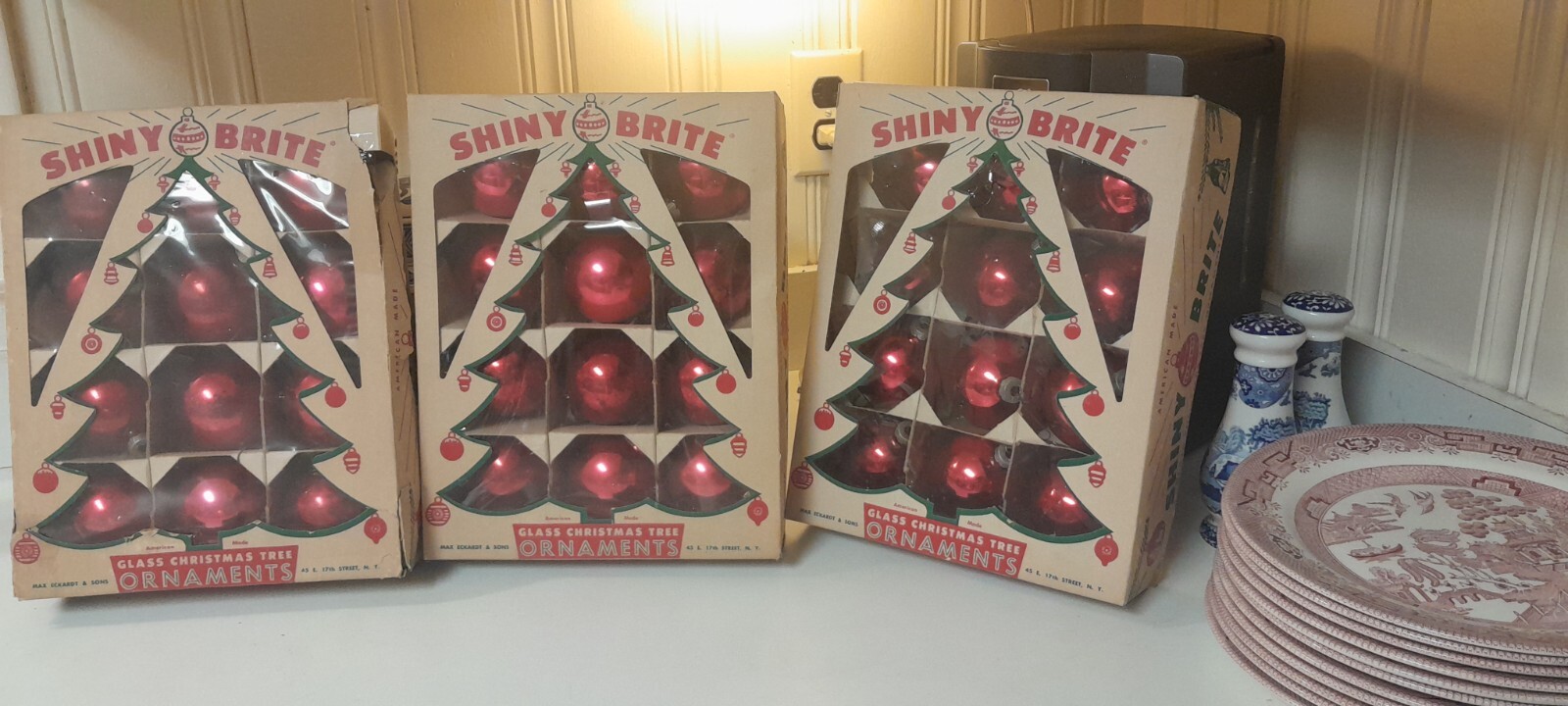 3 Vtg Boxes of 36 Shiny Brite USA Mercury Glass Red Ornaments 12 Per ...