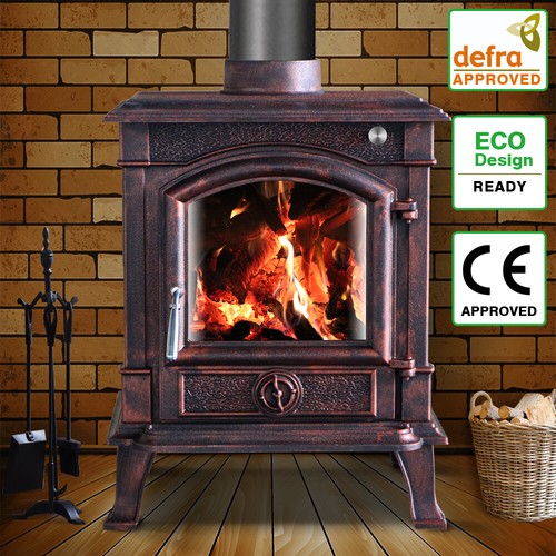8KW Log Burner Wood Burning Stove Cast Iron Antique Bronze Eco Defra ...