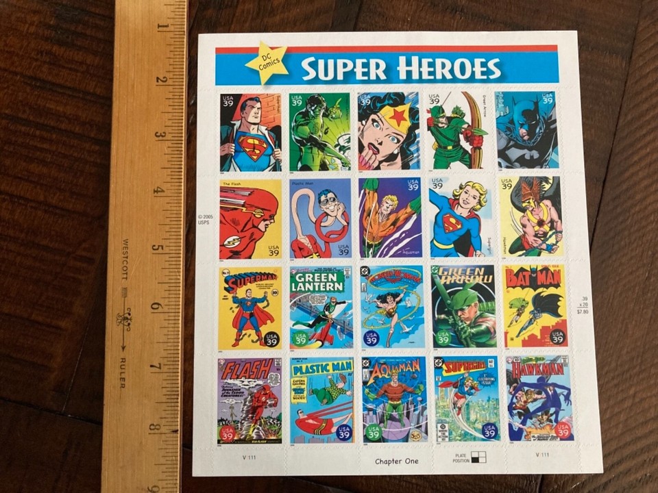 USPS DC Comics Super Heroes Stamps Sheet of 20 stamps Superman Batman ...
