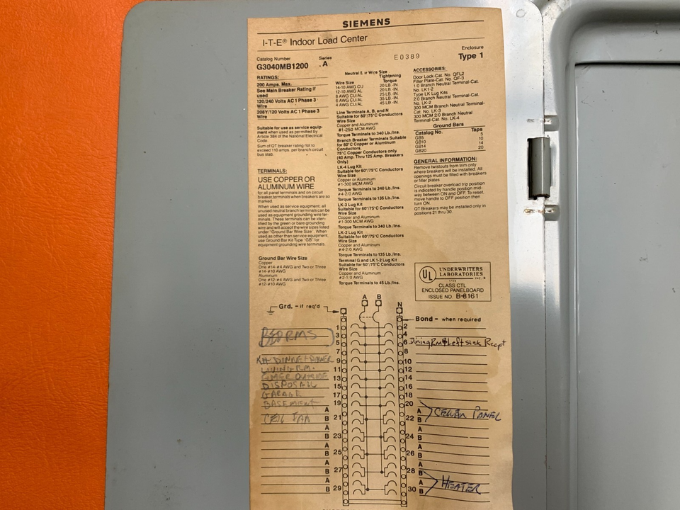 200 Amp ITE Siemens Load Center Panel Cover 30 Space G3040MB1200 | eBay