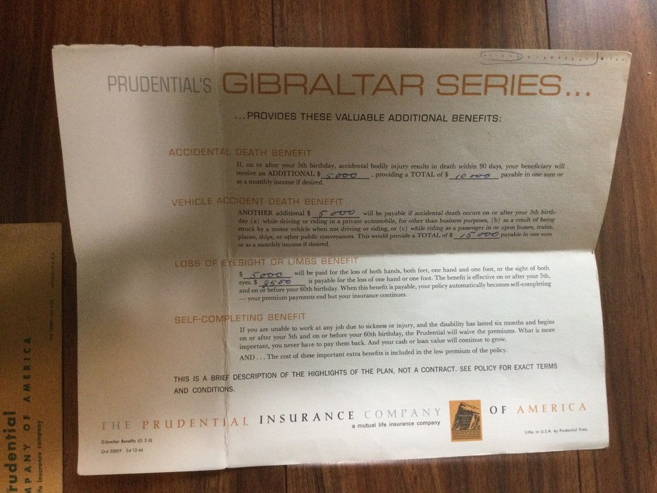 Prudential Insurance Gibraltar Series Guaranteed Insurability flyer ...
