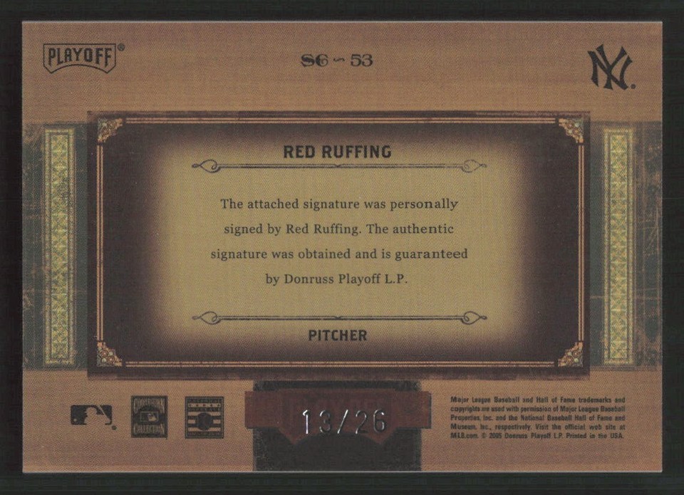 2005 Playoff Prime Cuts Red Ruffing Auto Souvenir Cuts #/26 #SC-53 Card ...
