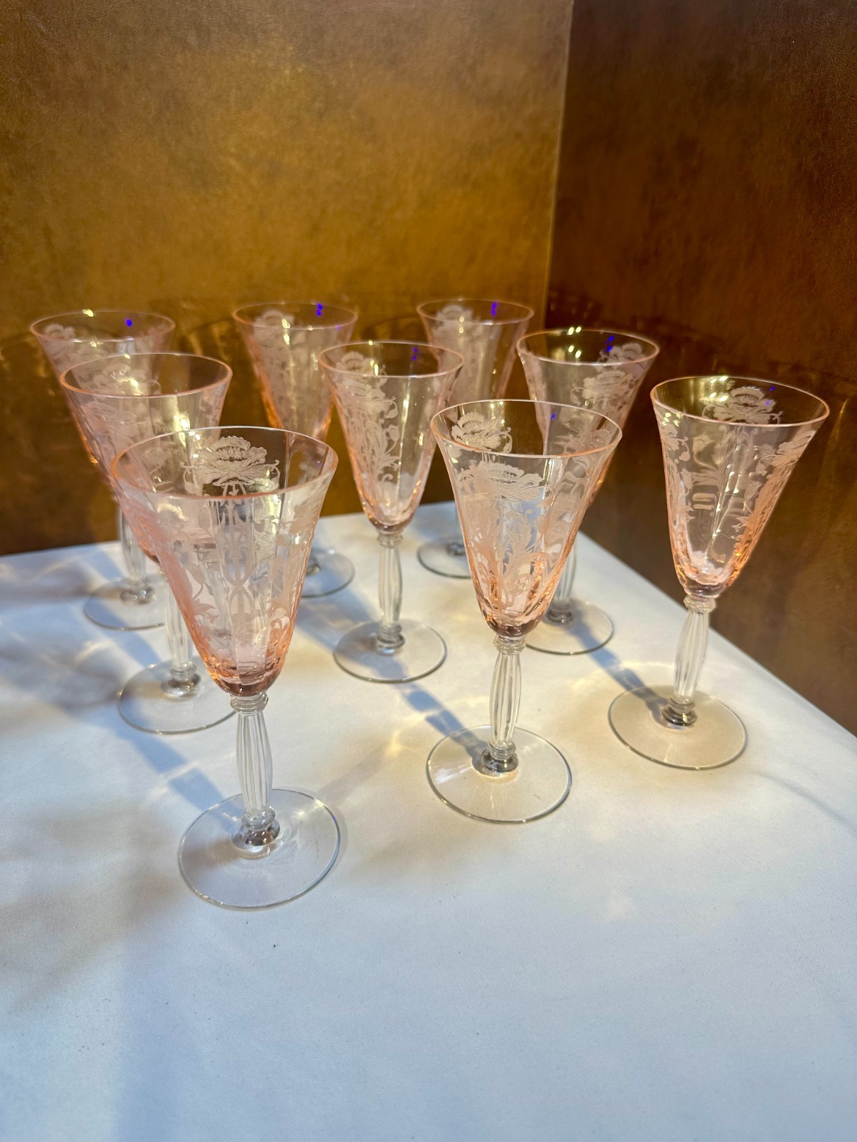SET of 9 Tiffin-Franciscan Flanders Pink Antique Crystal Water Goblets ...