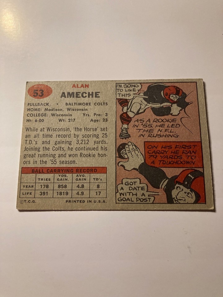 1957 Topps football #53 Alan "The Horse" Ameche Baltimore Colts | eBay