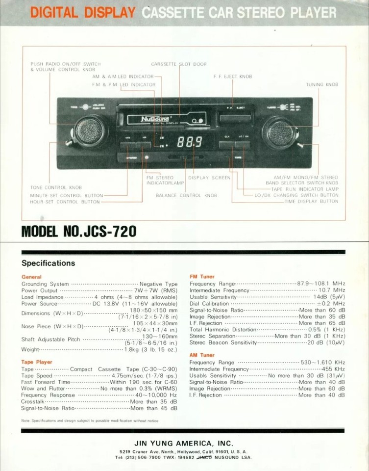 Old School 70s NuSound Car Stereo JCS720 Cassette Audio Deck Vintage ...