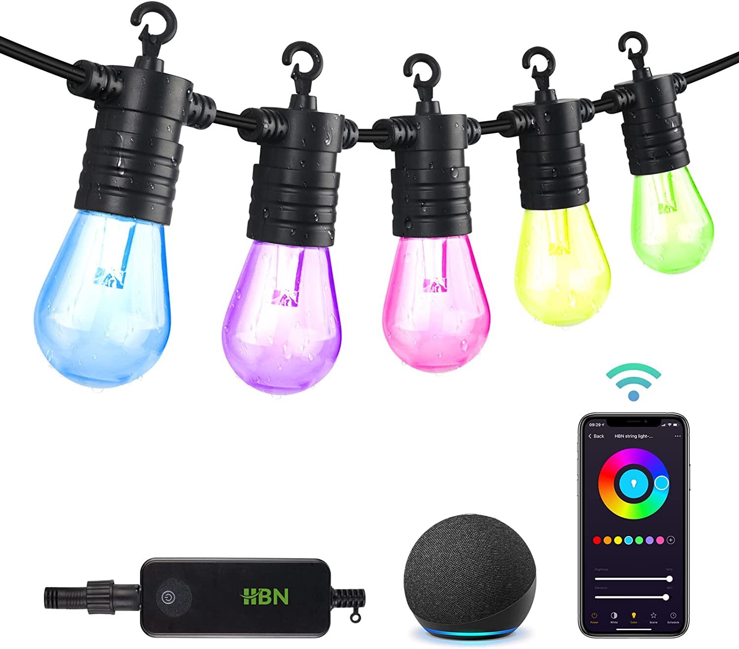 HBN 24ft Outdoor String Lights RGBW-Smart String Lights Color Changing ...