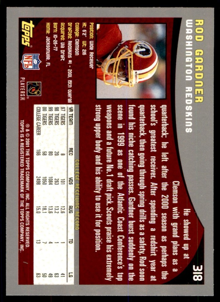 2001 TOPPS ROD GARDNER WASHINGTON REDSKINS #318 | eBay
