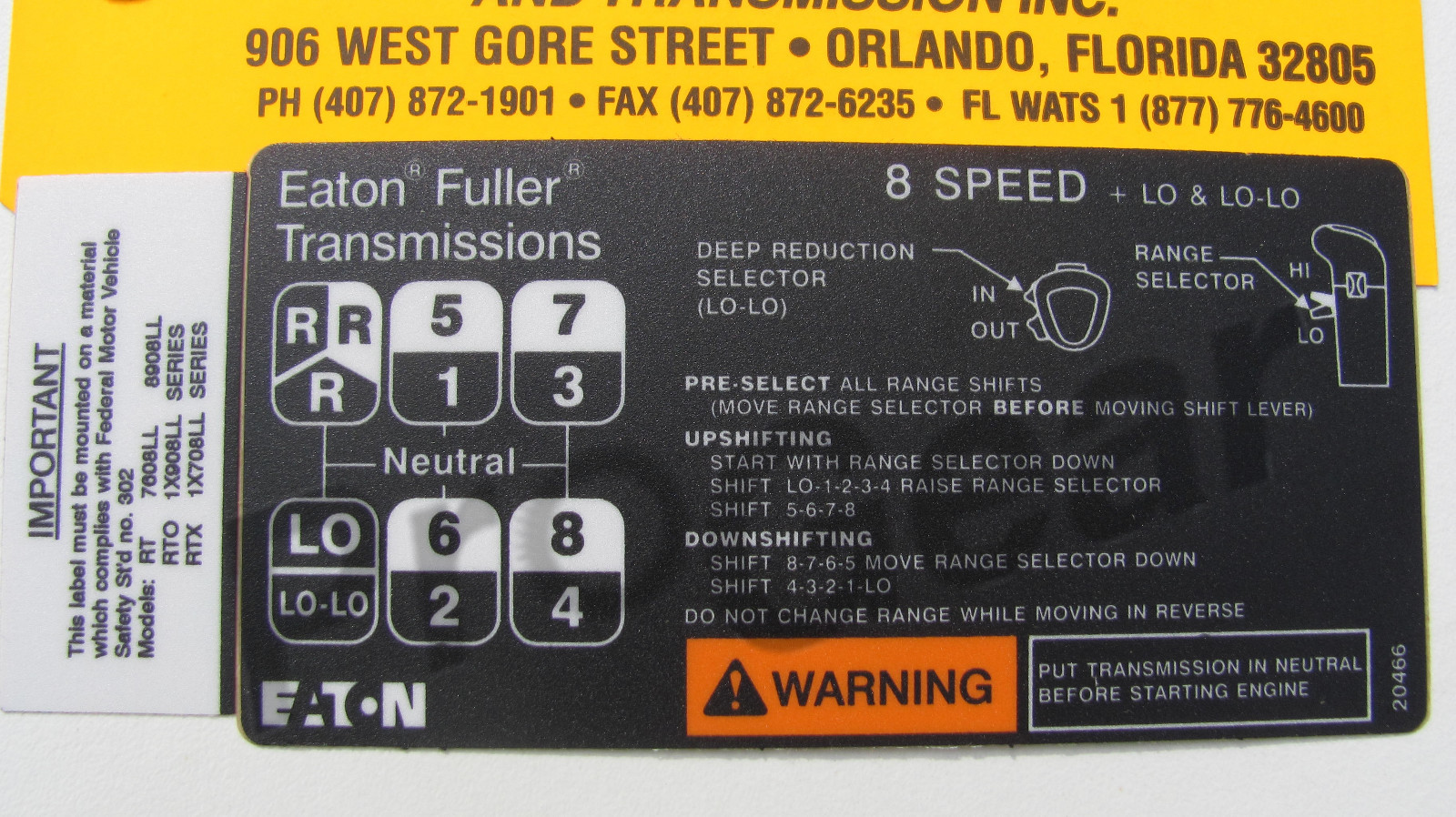 Fuller transmission RT RTO RTX 8 speed LL shift pattern for sale online ...