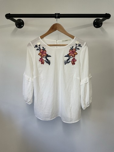 George Size 12 Ivory 3/4 Puff Sleeve Blouse Embroidered Flowers A928 | eBay