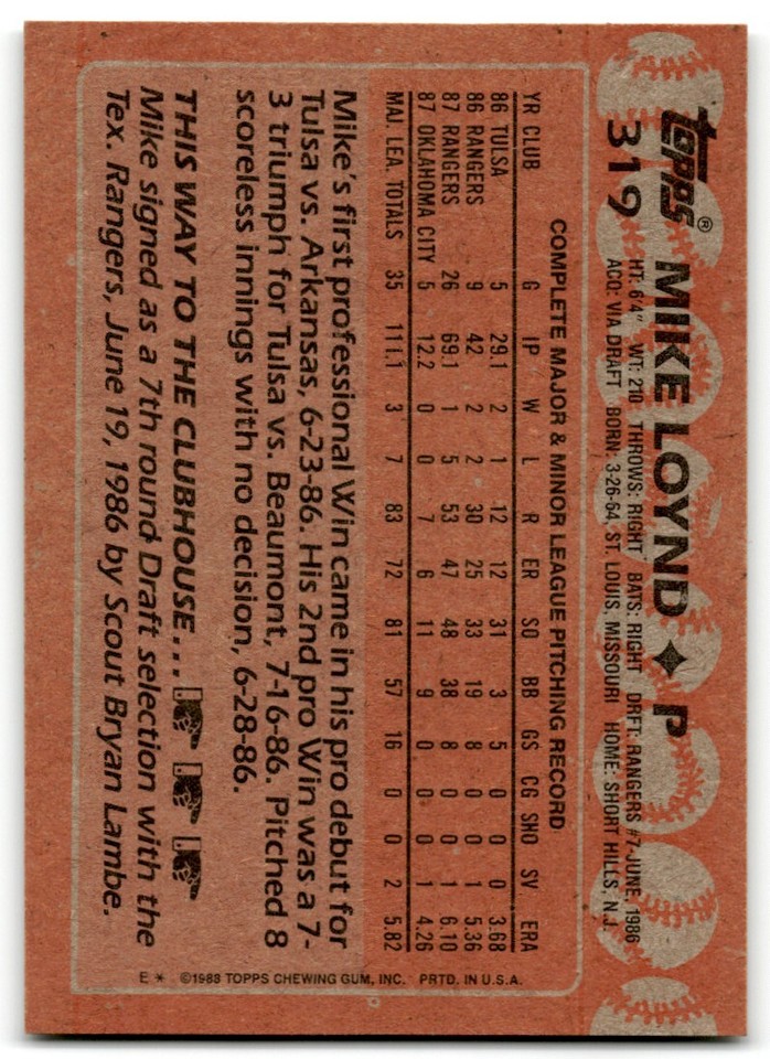 1988 Topps Mike Loynd Texas Rangers #319 | eBay