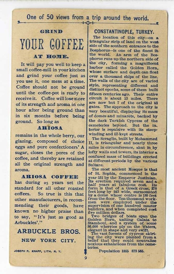 Turkey ARBUCKLE Coffee 1891 Victorian Trade Card CONSTANTINOPLE Turkish ...