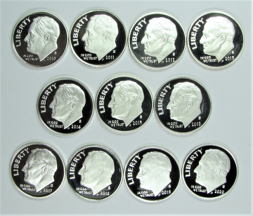 1992 - 1999, 2000 - 2009, 2010 - 2020 SILVER PROOF ROOSEVELT DIME RUN ...