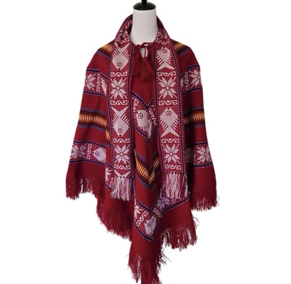 Artisanal Tejidos Poncho Unisex One Size Red Black Fringe Ecuador ...