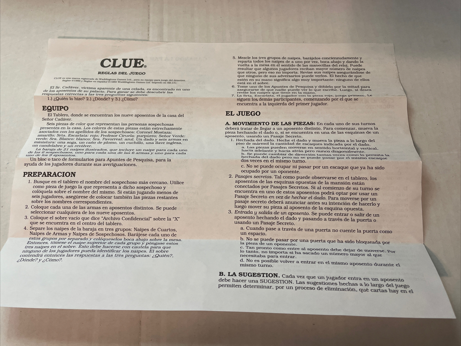 Clue Board Game Spanish Instruction Sheet | eBay
