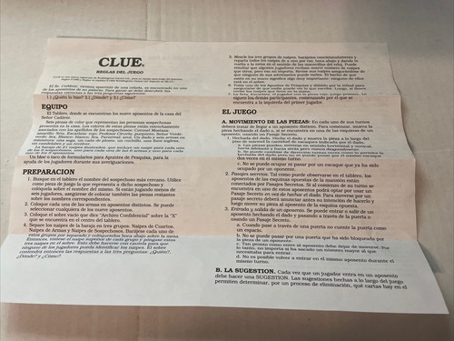 Clue Board Game Spanish Instruction Sheet | eBay