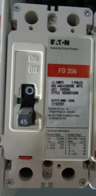 Eaton FD35K 2 Pole Industrial Circuit Breaker, 45 Amps, 600 VAC- 250 ...