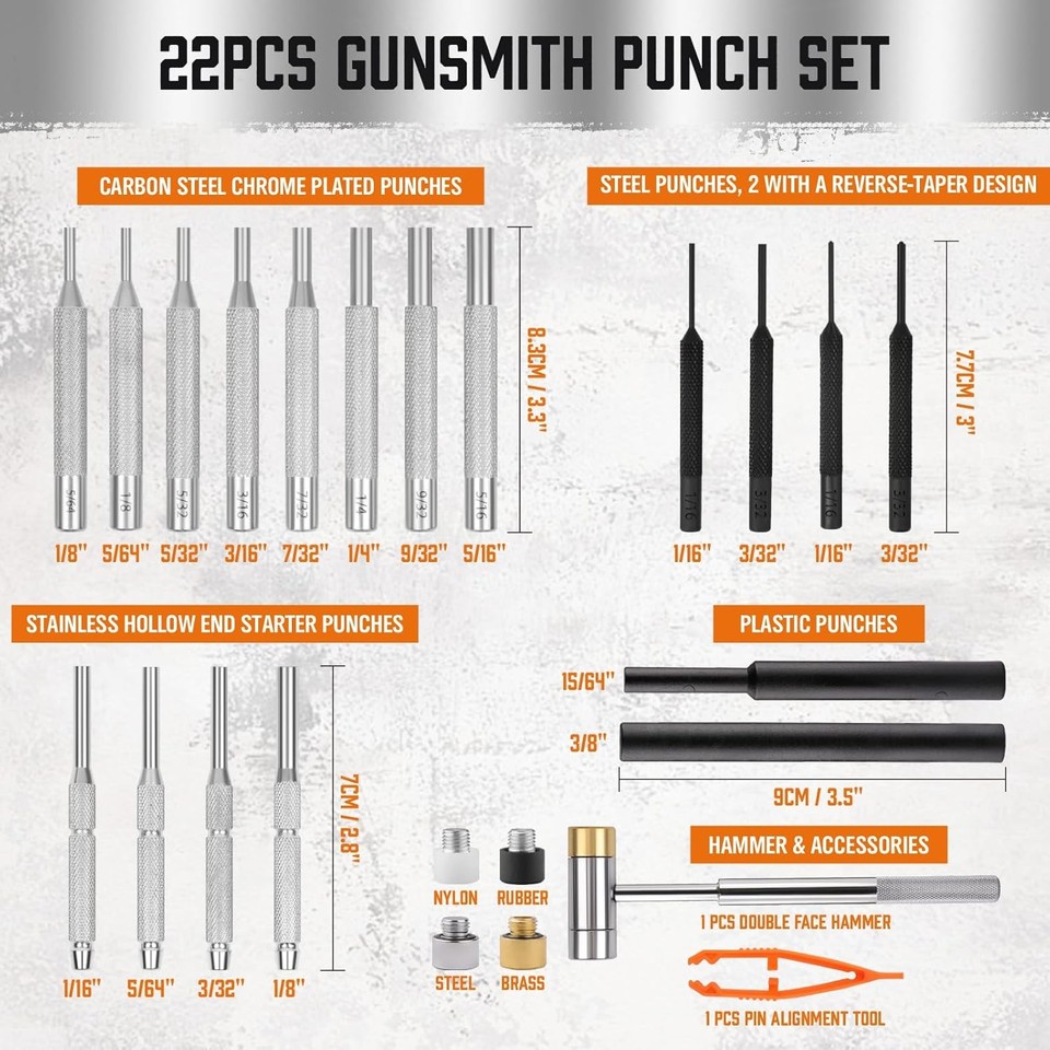 22pcs Pin Punch Set Brass Steel Nylon Punch Hammer Gunsmith Drift Pin ...