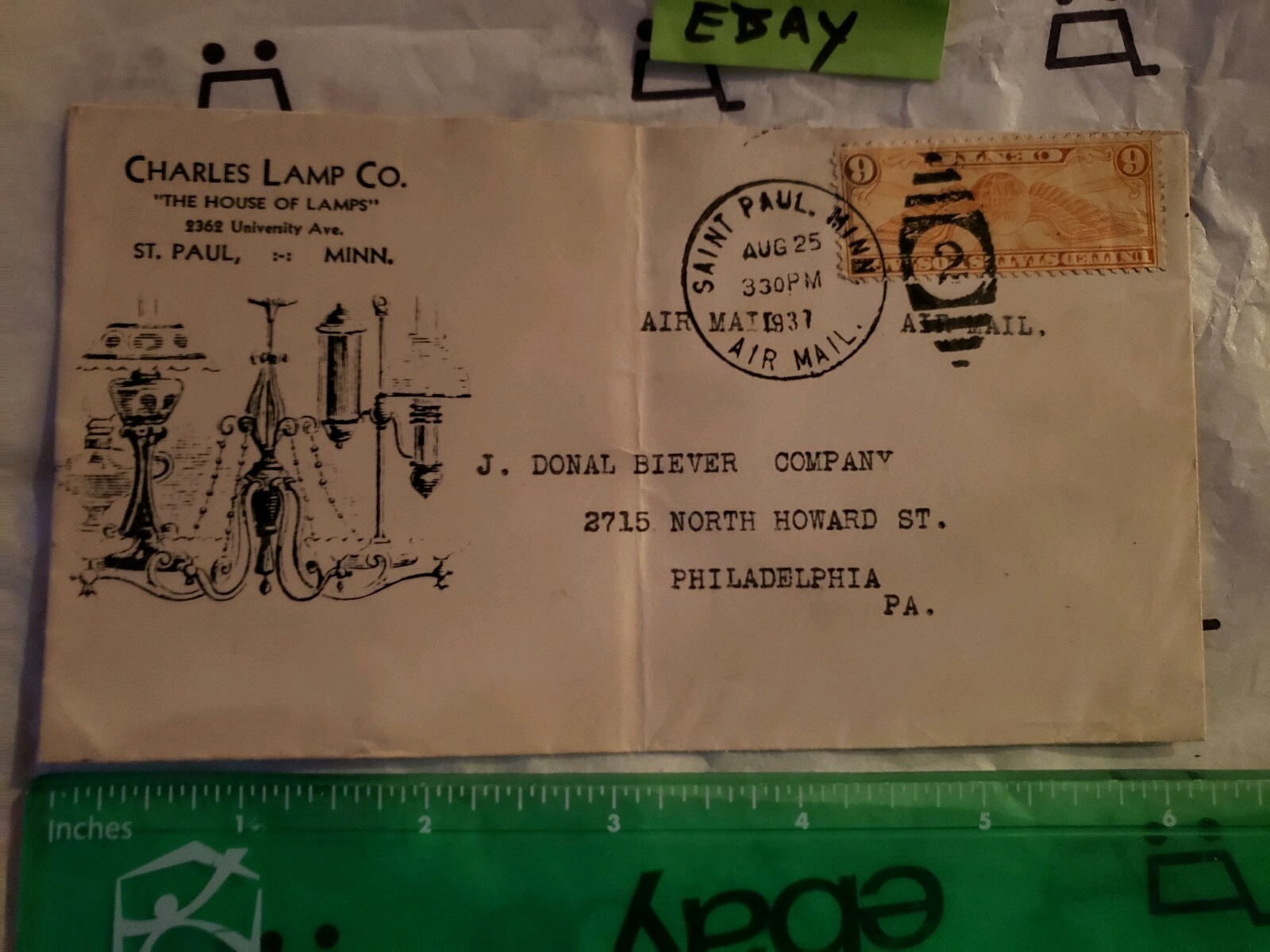 Scott C19 1937 Stamp 6 Cent Air Mail Envelope 1937 Charles Lamp Co St ...