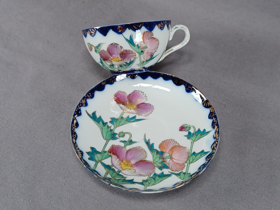 Japanese Hand Painted Purple & Pink Poppies Cobalt & Gold Tea Cup ...
