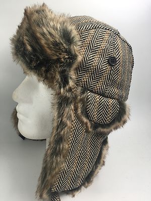 BROWN BLACK HERRINGBONE FLYING HAT FAUX FUR TRIM BNWOT HW2566 | eBay UK