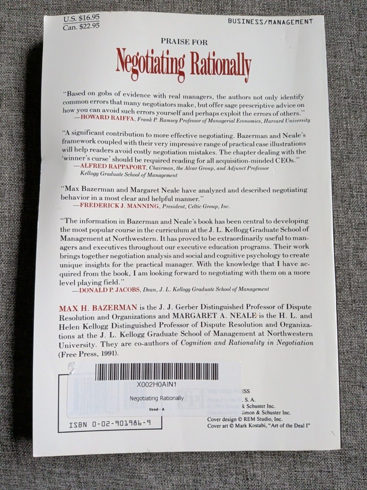 Negotiating Rationally by Margaret A. Neale and Max H. Bazerman 1992 | eBay