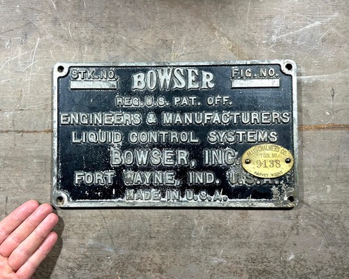 Bowser Gas Pump Sign Plaque with Allis Chalmers Co Badge, FORT WAYNE ...