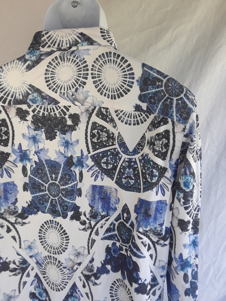 PAVINI Floral Long Sleeve Button Down Shirt L Blue Space Time best ever ...