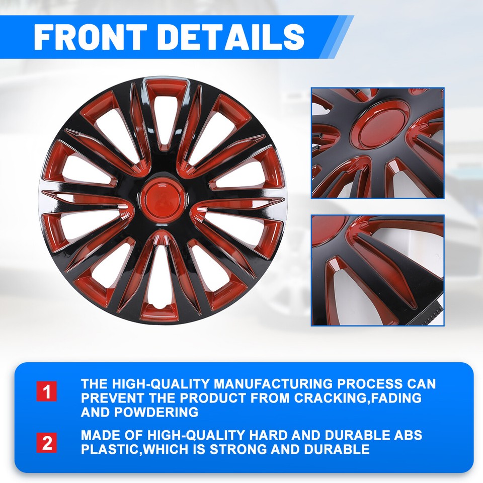 4PCS Black & Red Lacquer 14" Universal Hubcaps R14 Tire Rim Snap On ...