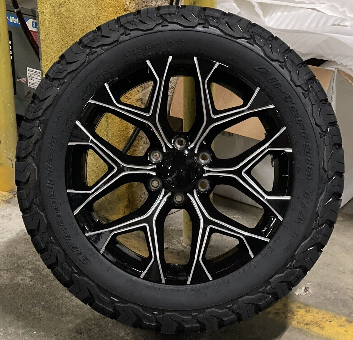 20x9 OE Rep Snowflake Black Wheels 32" BFG AT Tires 6x5.5 Chevy ...