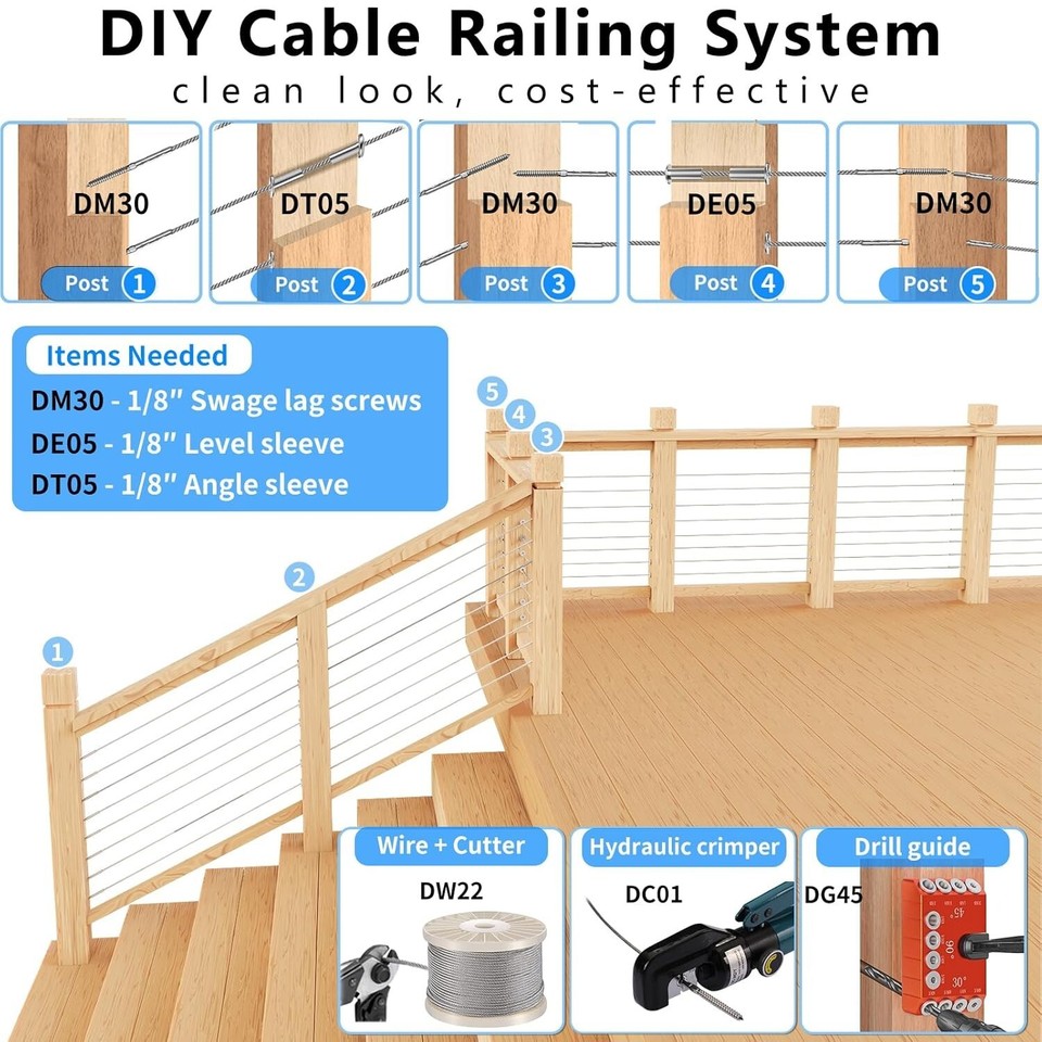 Cable Railing Kit 1/8 Stainless Steel Wire Rope Aircraft Deck Railing ...
