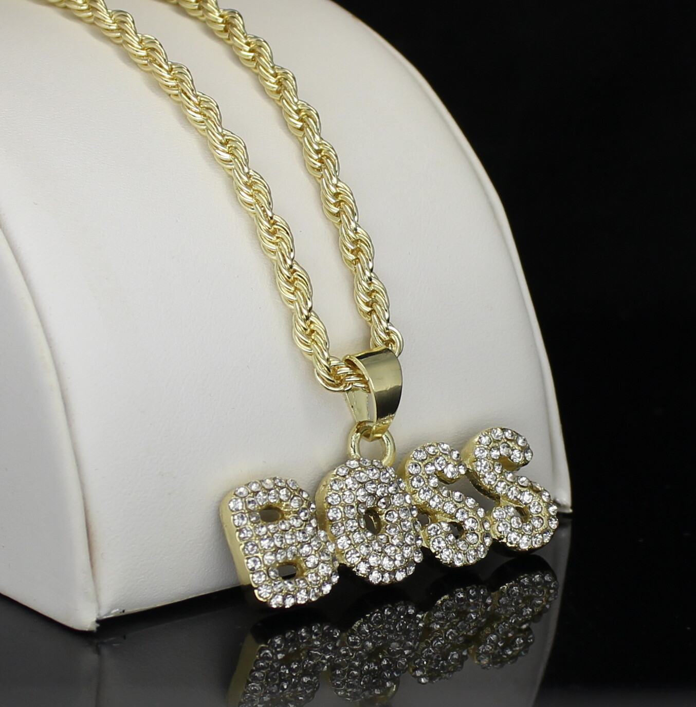 Iced Cz Boss Pendant 14k Gold or Silver Plated 24" Rope Necklace Hip ...